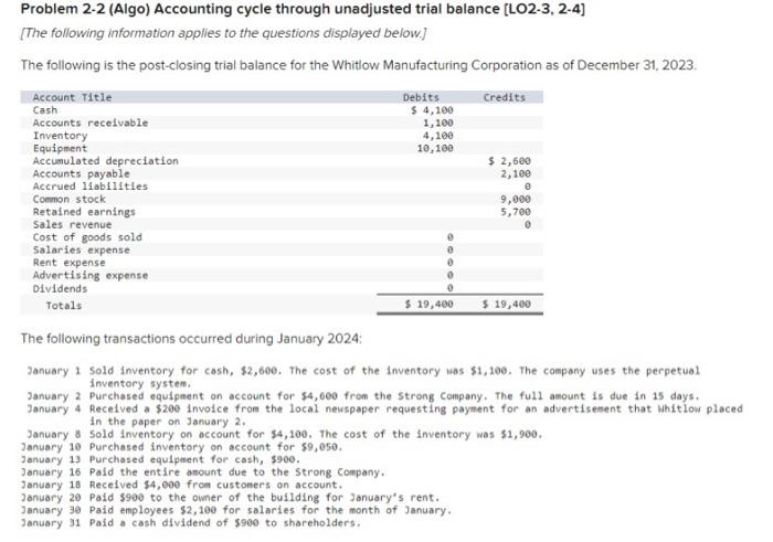 Solved Problem 2-2 (Algo) Accounting cycle through | Chegg.com