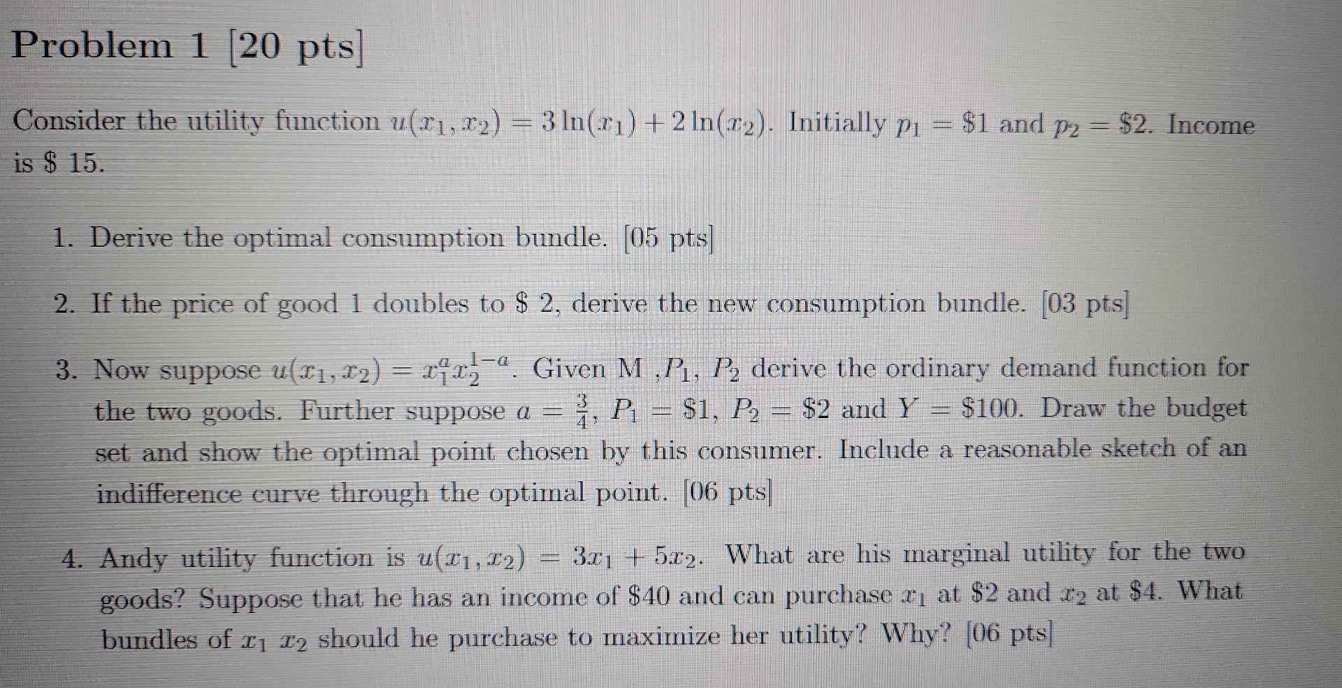 Solved Consider the utility function | Chegg.com