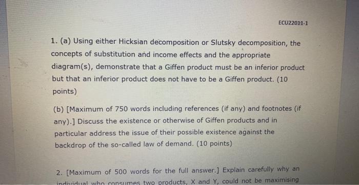 Solved 1. (a) Using either Hicksian decomposition or Slutsky | Chegg.com