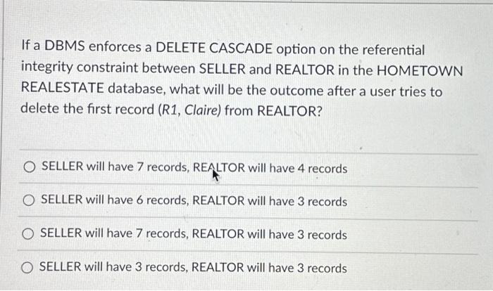 Solved If a DBMS enforces a DELETE CASCADE option on the | Chegg.com
