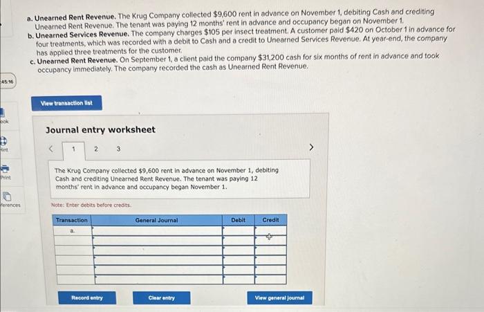 Solved a. Unearned Rent Revenue. The Krug Company collected | Chegg.com