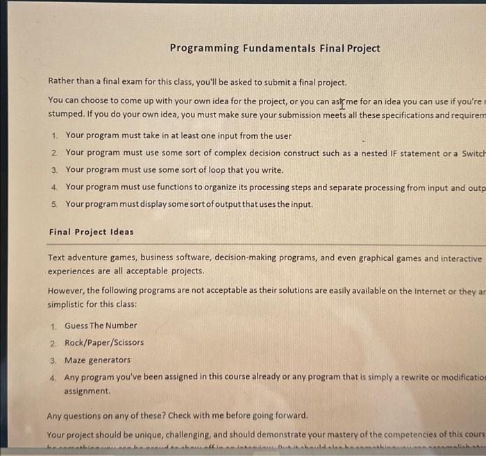 Solved Programming Fundamentals Final Project Rather than a | Chegg.com