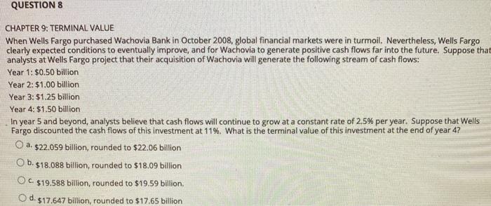 Solved QUESTION 8 CHAPTER 9: TERMINAL VALUE When Wells Fargo | Chegg.com