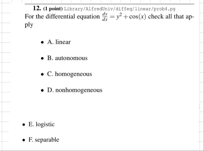 Solved (1 ﻿point) ﻿Library/AlfredUniv/diffeq/linear/prob4.pg | Chegg.com