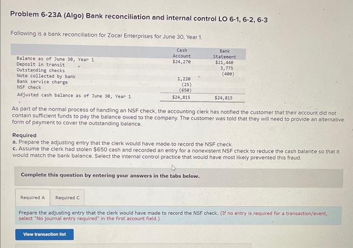 Solved Problem 6-23A (Algo) Bank reconciliation and internal | Chegg.com