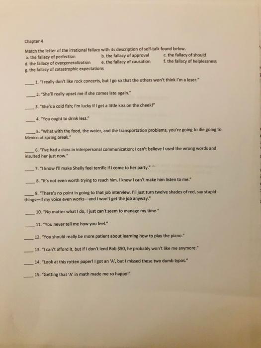 Solved Chapter 4 Match the letter of the irrational fallacy | Chegg.com