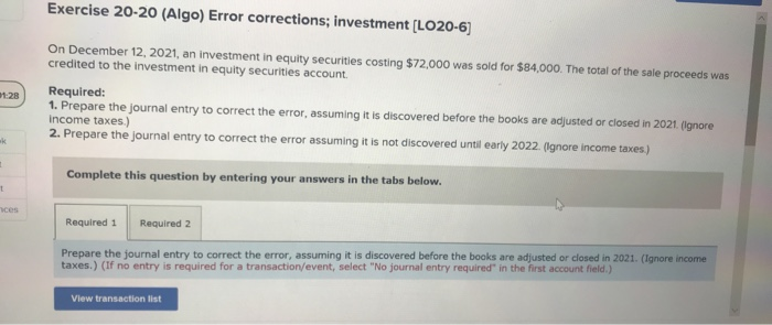 Solved Exercise 20-20 (Algo) Error corrections; Investment | Chegg.com