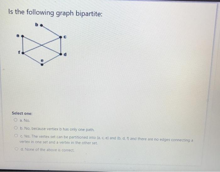 Solved Is the following graph bipartite: b с d Select one: | Chegg.com