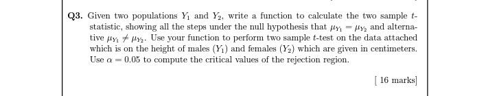 Solved 3. Given two populations Y1 and Y2, write a function | Chegg.com