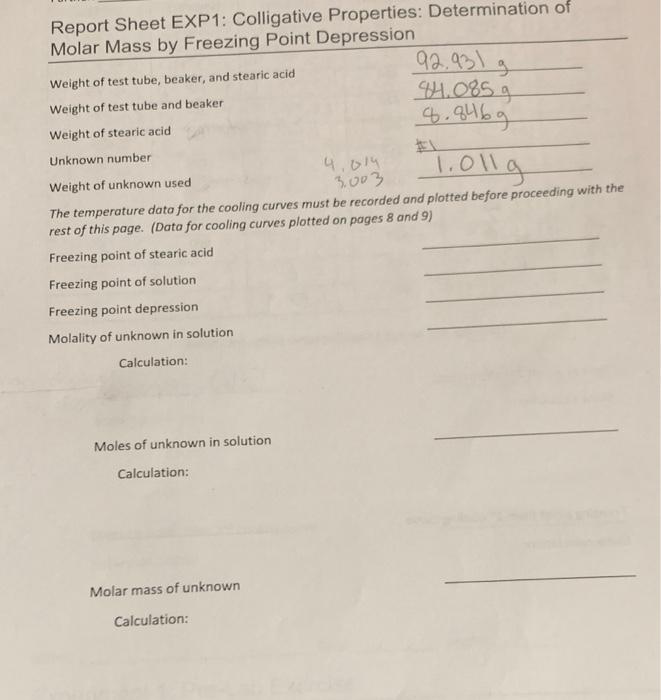 Solved Report Sheet EXP1: Colligative Properties: | Chegg.com
