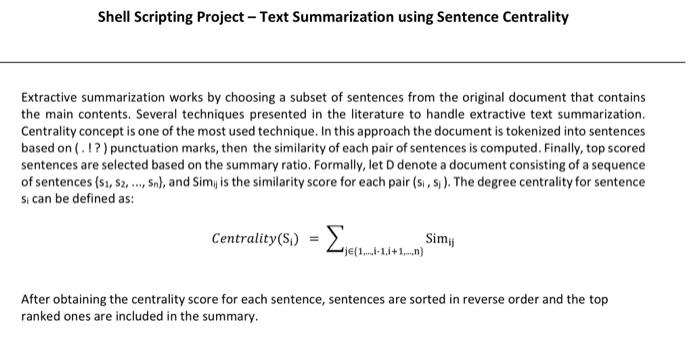 Shell Scripting Project - Text Summarization using | Chegg.com