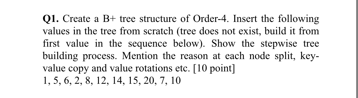 Solved Q1. ﻿Create a B+ ﻿tree structure of Order-4. ﻿Insert | Chegg.com