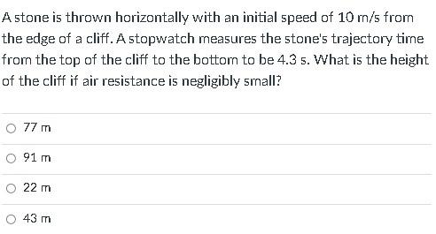 Solved A stone is thrown horizontally with an initial speed | Chegg.com