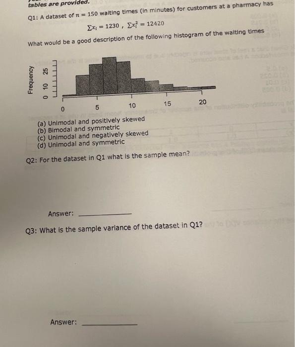 Solved tables are provided. Q1: A dataset of n=150 walting | Chegg.com