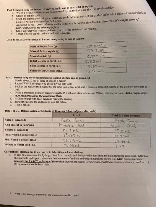 LAB: Volumetric Analysis Acid - Base Titrations | Chegg.com