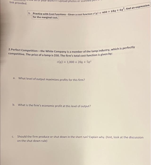 Solved 1. Practice with cost fuoctions - Given a cost | Chegg.com