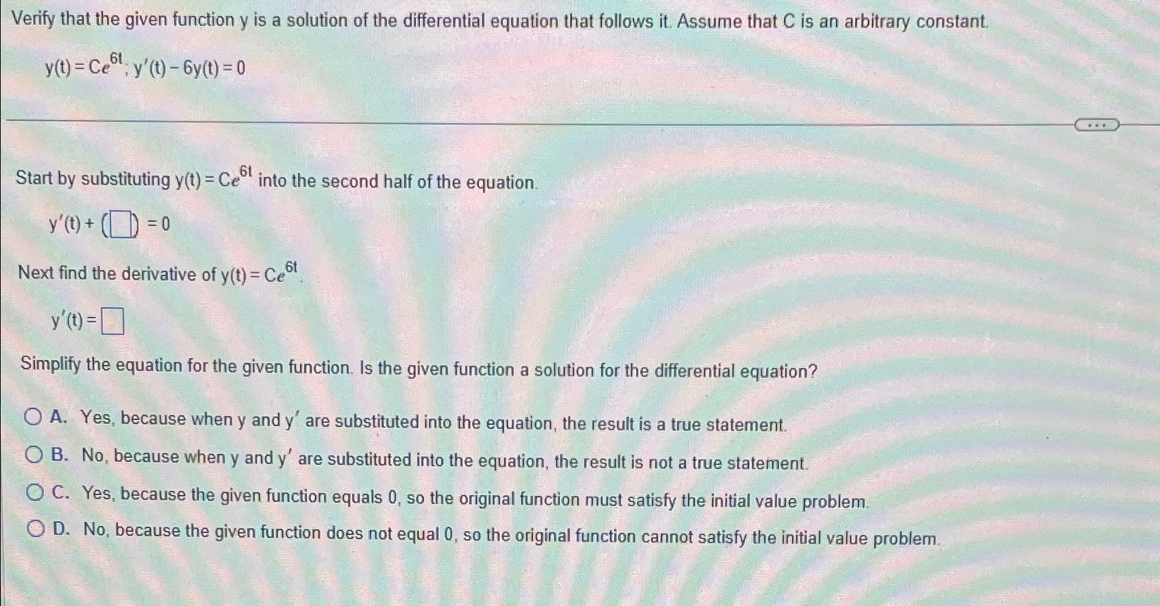Solved Verify that the given function y ﻿is a solution of | Chegg.com