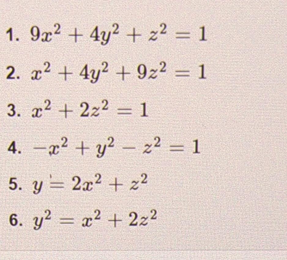Solved 1. 9x2+4y2+z2=1 2. x2+4y2+9z2=1 3. x2+2z2=1 4. | Chegg.com