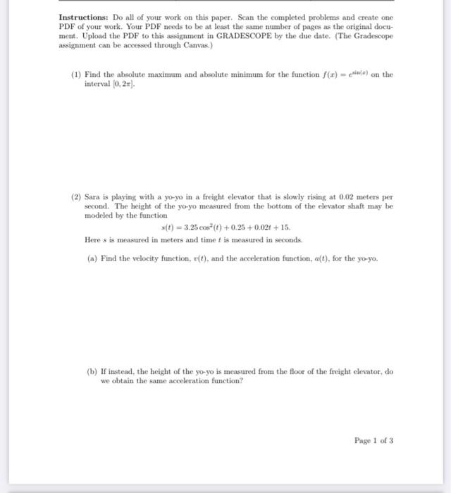 Solved Instructions: Do all of your work on this paper. Scan | Chegg.com