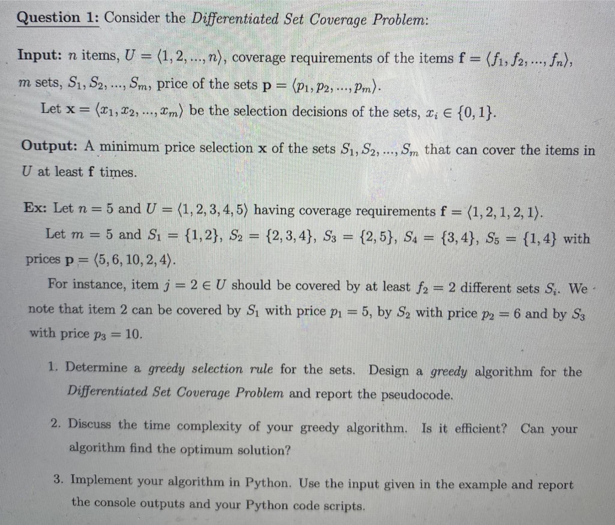 Solved Question 1: Consider the Differentiated Set Coverage | Chegg.com