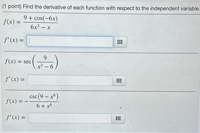 Solved (1 point) Find the derivative of each function with | Chegg.com