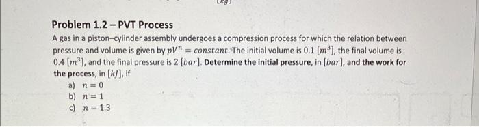Solved Problem 1.2 - PVT Process A gas in a piston-cylinder | Chegg.com