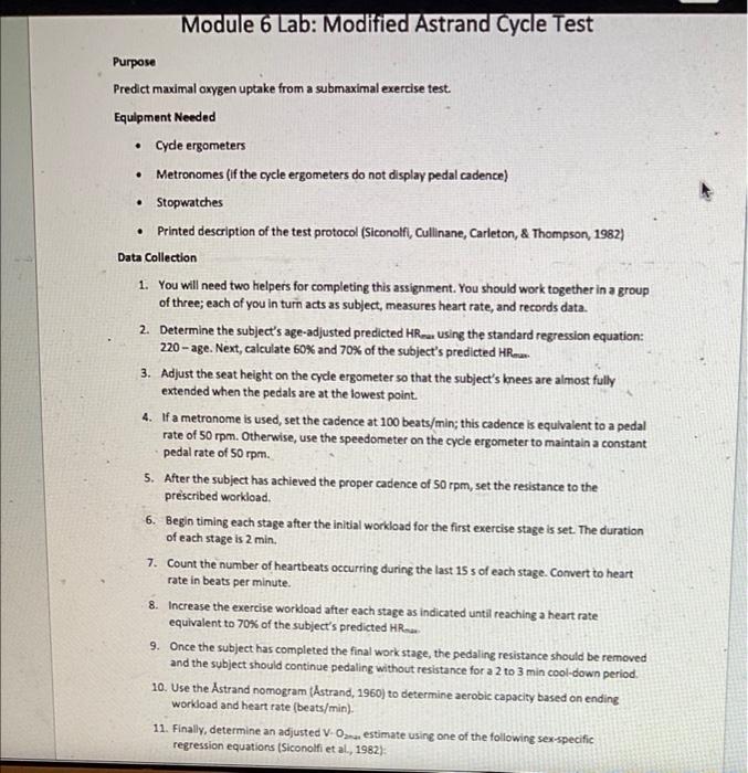 Module 6 Lab: Modified Astrand Cycle Test . Purpose | Chegg.com