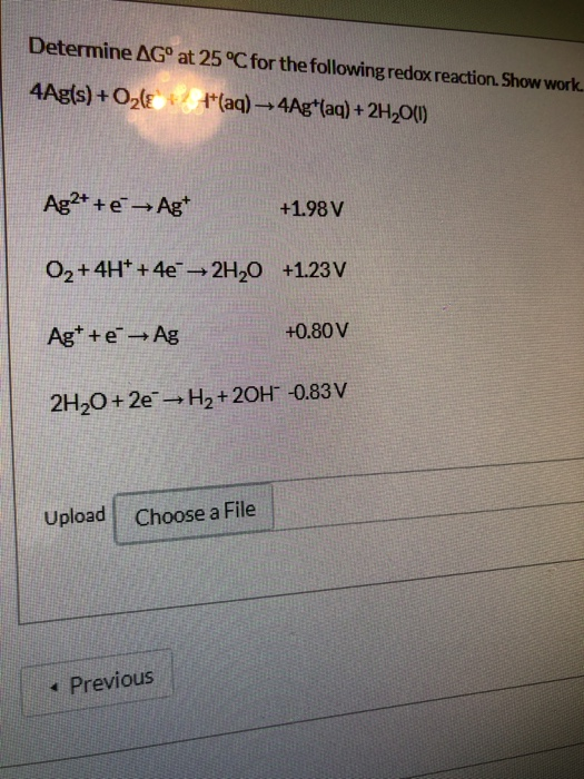 Solved determine delta G at 25 C for the following redox | Chegg.com