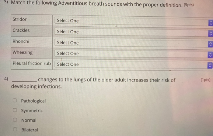 Solved 3) Match the following Adventitious breath sounds | Chegg.com