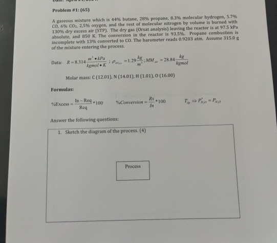 Solved Problem #1: (65)A gaseous mixture which is 44% | Chegg.com