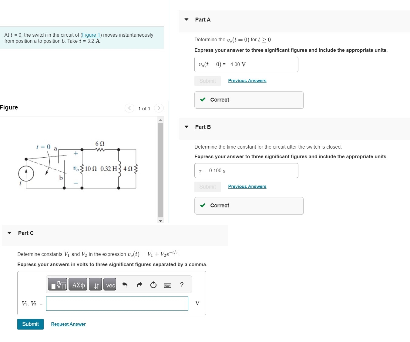 Solved Help on Part CPart AAt t=0, ﻿the switch in the | Chegg.com