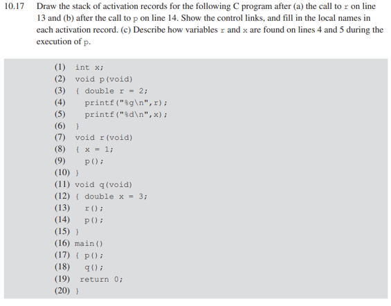 Solved 10.17 ﻿Draw the stack of activation records for the | Chegg.com