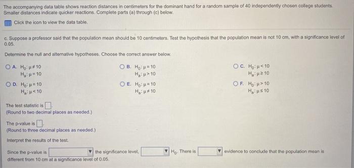Solved The accompanying data table shows reaction distances | Chegg.com