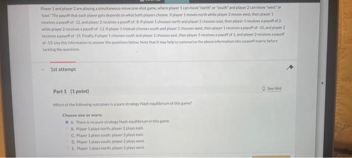 Solved Payer 1 and player 2 are playing a simultaneous move | Chegg.com