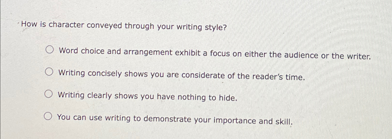 Solved How is character conveyed through your writing | Chegg.com