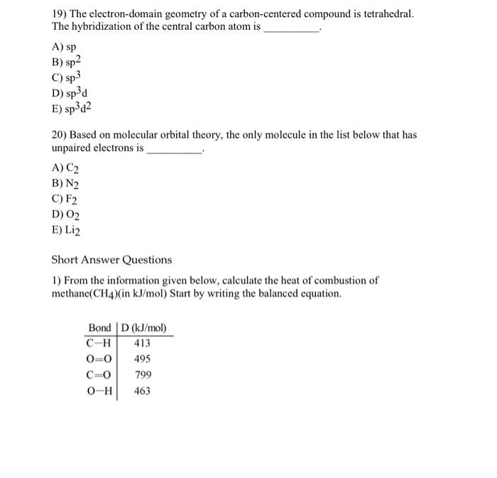 Solved 19) The electron-domain geometry of a carbon-centered | Chegg.com