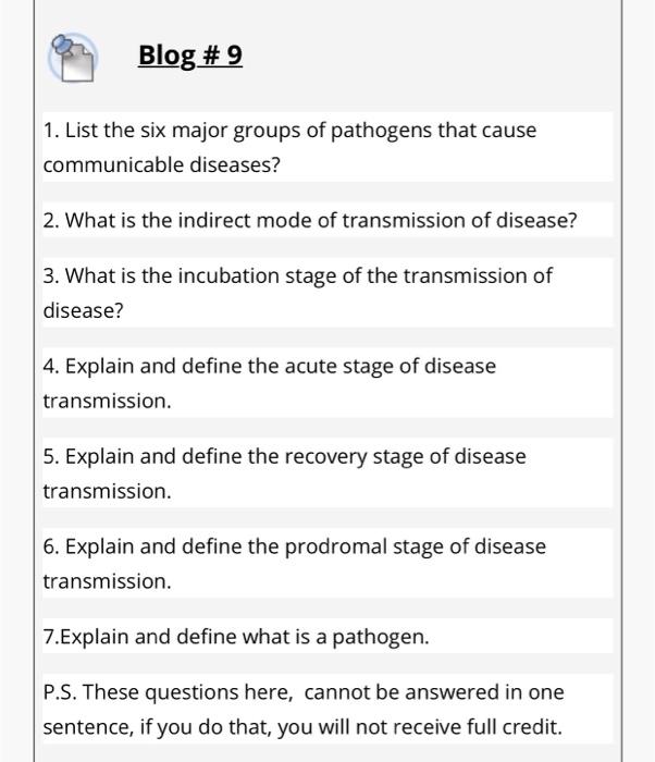 Solved Blog #9 1. List the six major groups of pathogens | Chegg.com