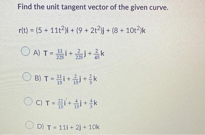 Solved Find the unit tangent vector of the given curve. | Chegg.com