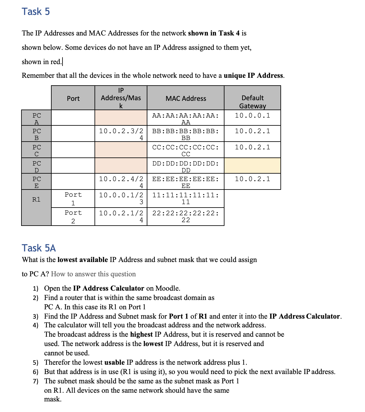 Solved Task 5The IP Addresses and MAC Addresses for the | Chegg.com
