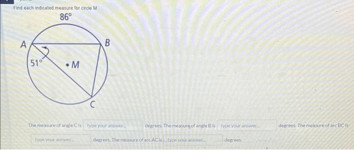 Solved Find each indicated measure for circle M 86° А B 510 | Chegg.com