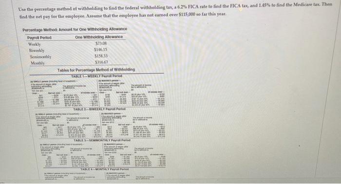 Use the percentage method of withholding to find the | Chegg.com