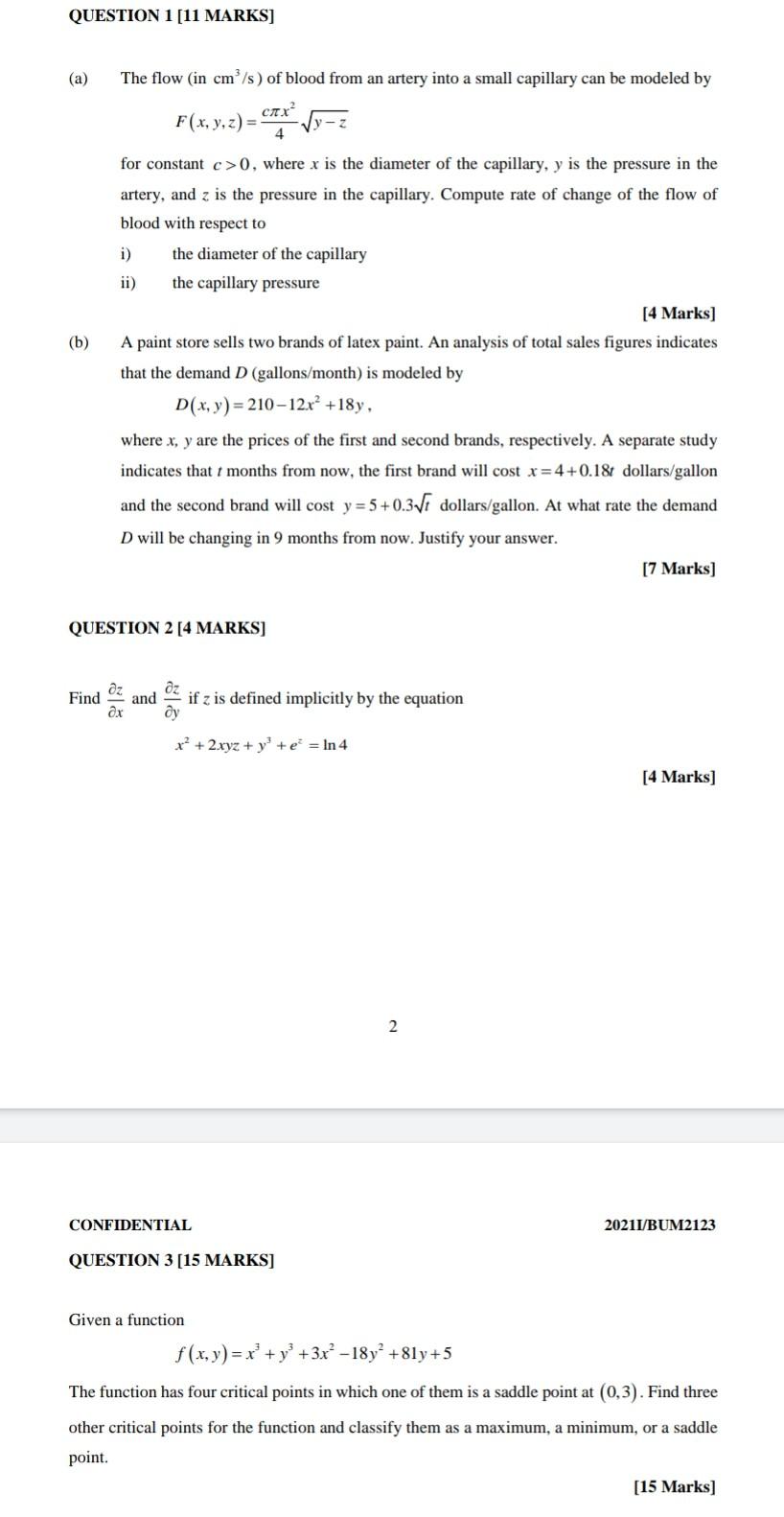 Solved QUESTION 1 [11 MARKS] (a) The flow (in cm/s) of blood | Chegg.com