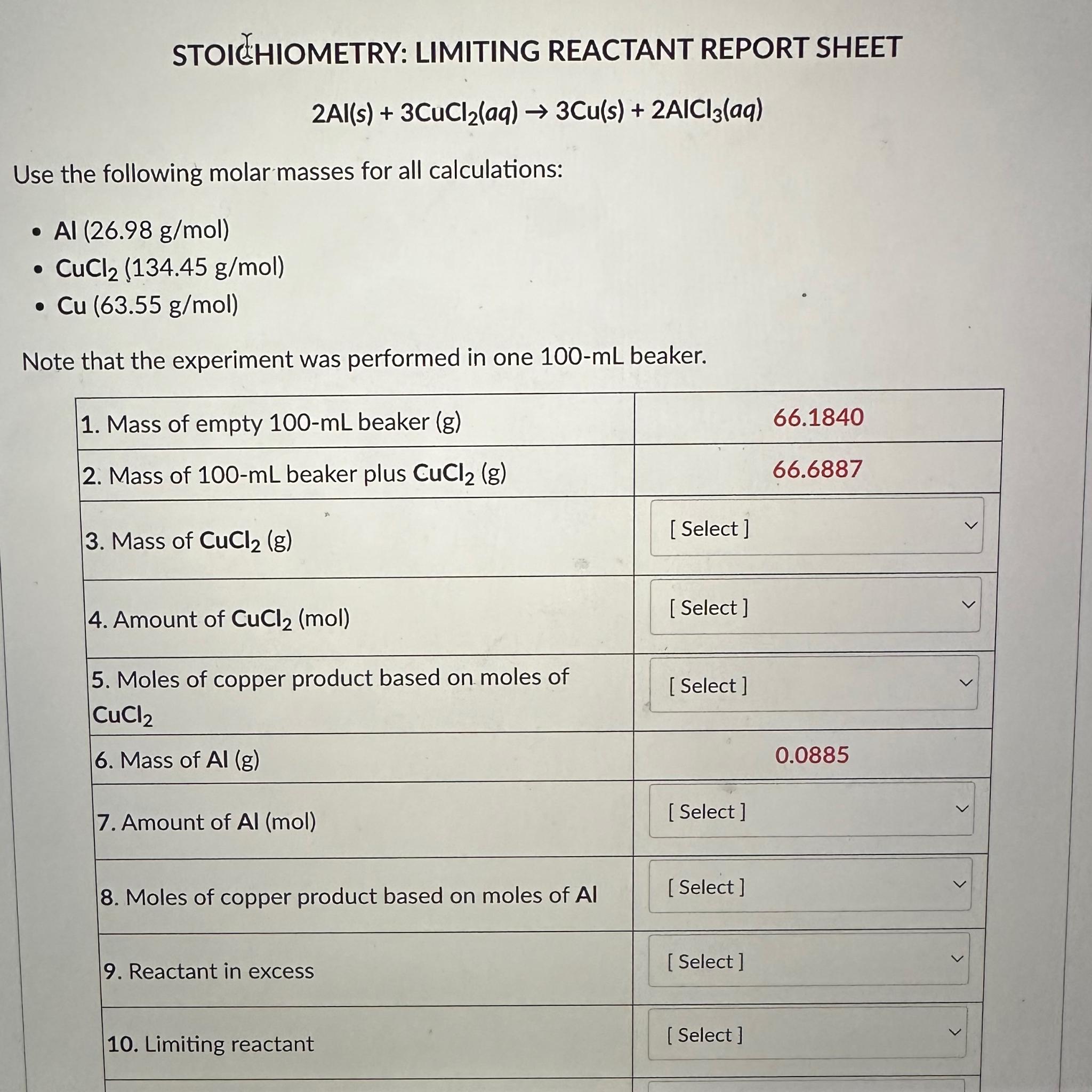 Solved STOI HIOMETRY: LIMITING REACTANT REPORT | Chegg.com