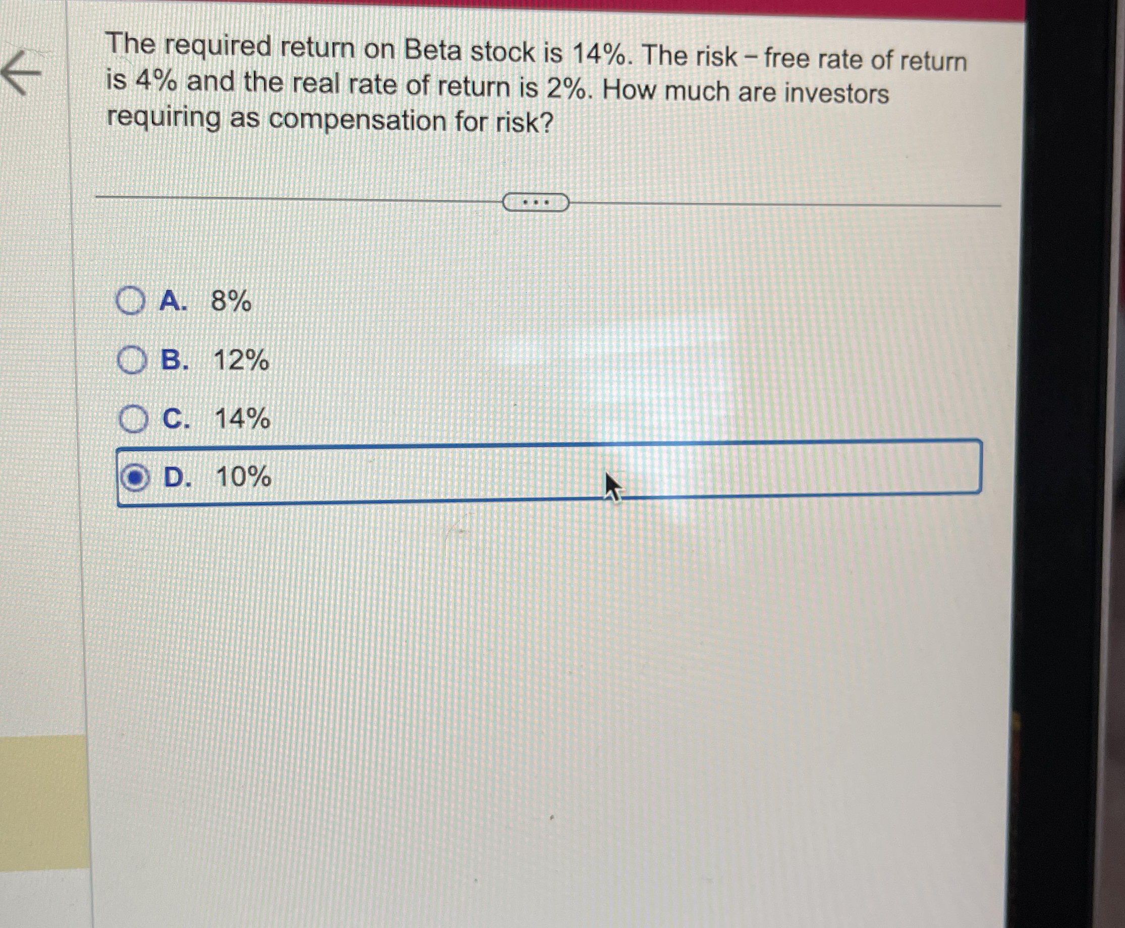 Solved The required return on Beta stock is 14%. ﻿The risk - | Chegg.com