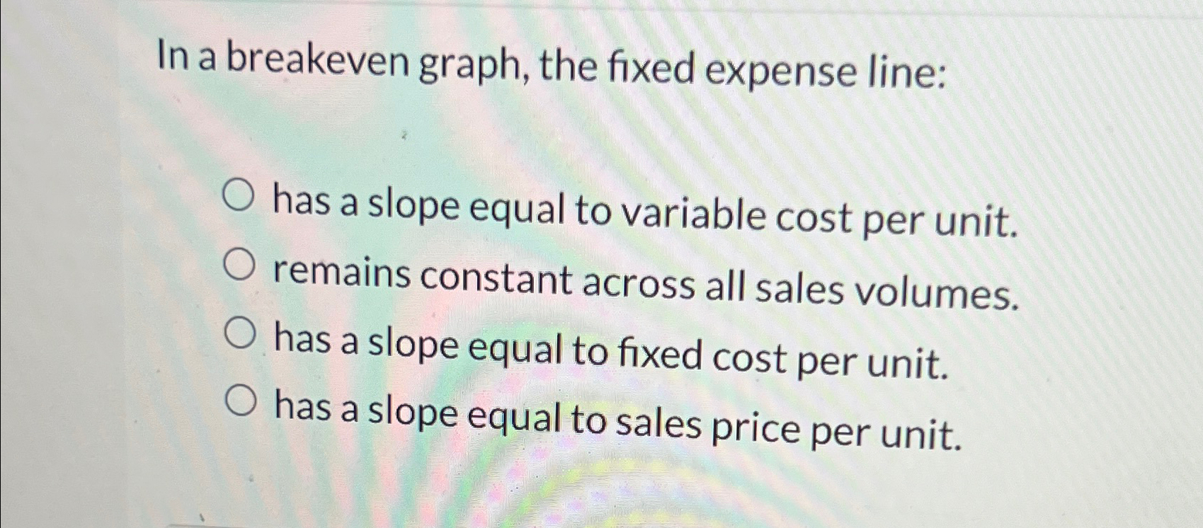 Solved In a breakeven graph, the fixed expense line:has a | Chegg.com