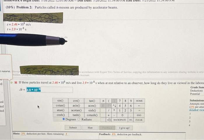 Solved (10\%) Problem 2: Particles called π-mesons are | Chegg.com