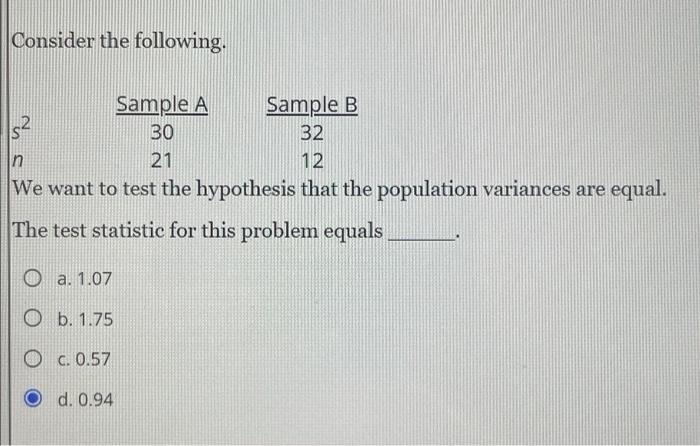 Solved Consider the following. s2 Sample A Sample B 30 32 n | Chegg.com