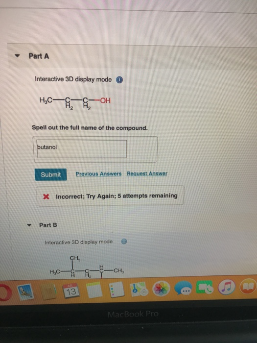 Solved Part A Interactive 3D display mode 0 H₂C4 -ОН Spell | Chegg.com