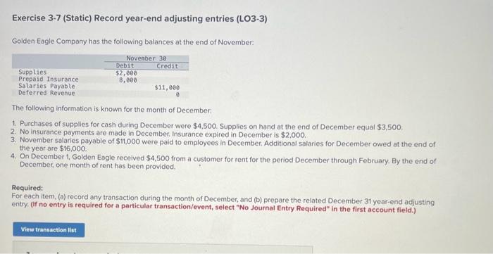 Solved Exercise 3-7 (Static) Record year-end adjusting | Chegg.com