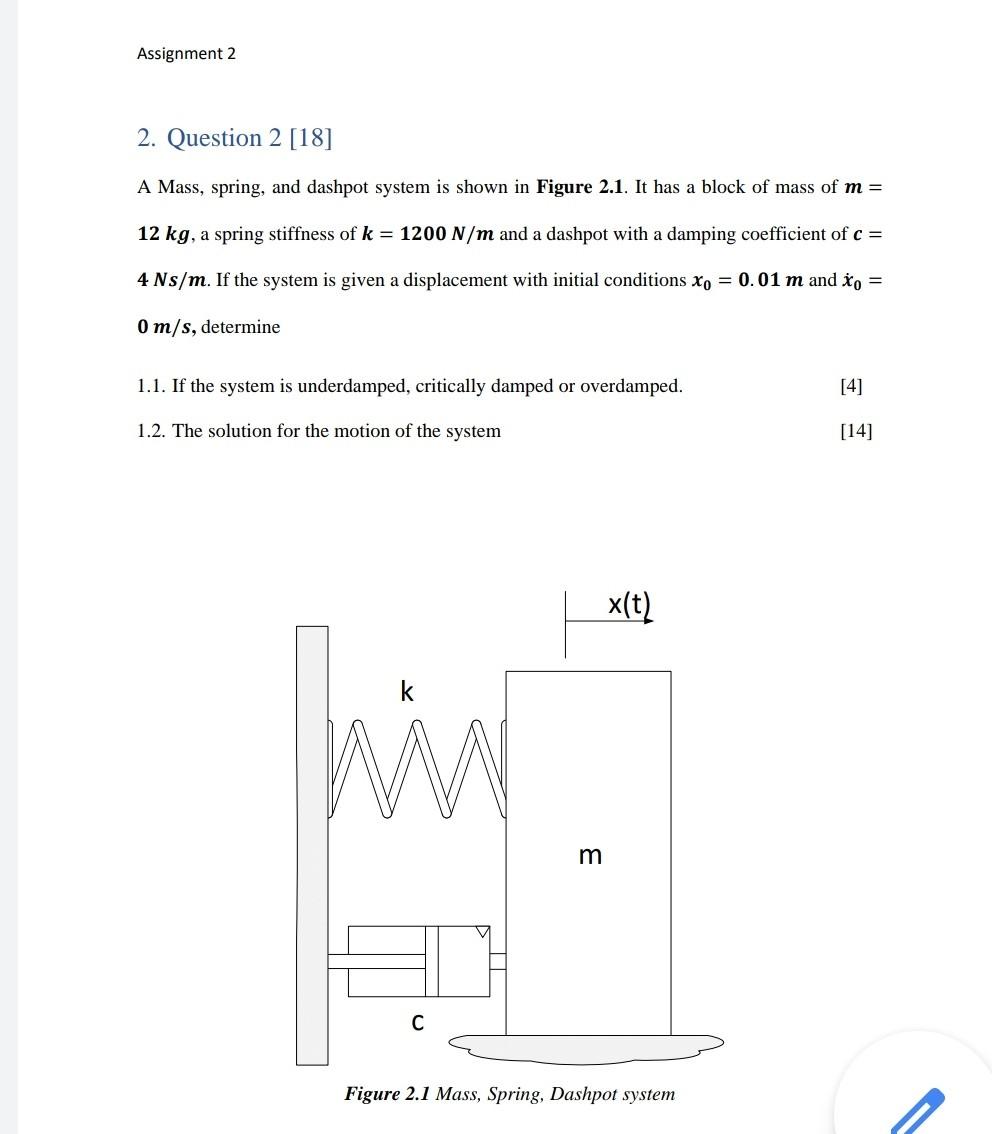 Solved Assignment 2 2. Question 2 [18] A Mass, spring, and | Chegg.com